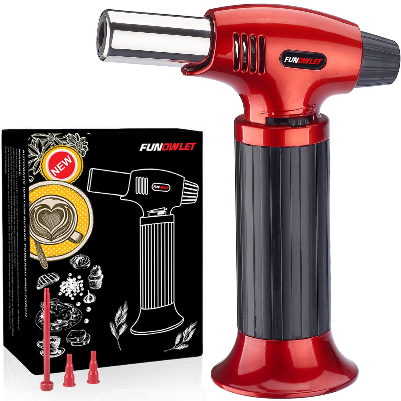 FunOwlet Butane Torch Lighter, Refillable Kitchen Blow Lighters, Culinary Cooking Torches with Safety Lock and Adjustable Flame for Desserts, Creme Brulee, BBQ, and Baking - Butane Gas Not Included