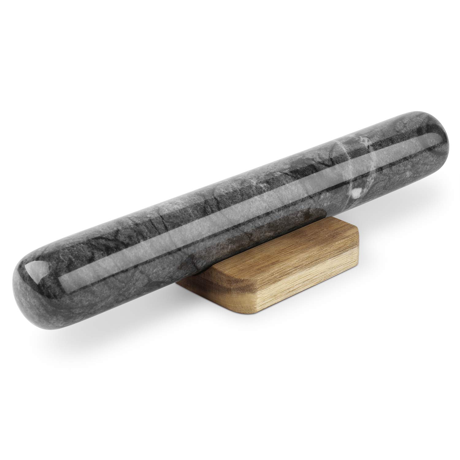 Flexzion French Rolling Pin, 12 Inch Black Marble Rolling Pins for Baking with Wooden Base Holder Stand - Non-Stick Baking Roller for Baking Fondant, Crust, Pastry, Cookies, Pizza, Pasta