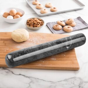 Flexzion French Rolling Pin, 12 Inch Black Marble Rolling Pins for Baking with Wooden Base Holder Stand - Non-Stick Baking Roller for Baking Fondant, Crust, Pastry, Cookies, Pizza, Pasta