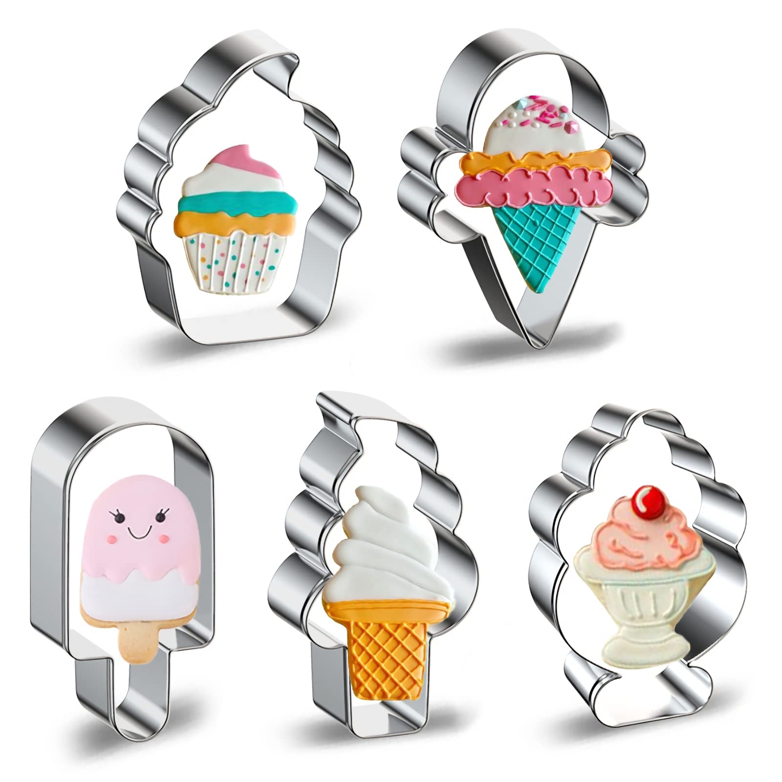 Summer Ice Cream Cookie Cutter Set 5-Piece Stainless Steel Metal Cookie Cutters Shapes Biscuit Molds with Ice Cream Cone, Soft Serve Cone, Popsicle, Ice Cream Sundae, Cupcake