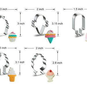 Summer Ice Cream Cookie Cutter Set 5-Piece Stainless Steel Metal Cookie Cutters Shapes Biscuit Molds with Ice Cream Cone, Soft Serve Cone, Popsicle, Ice Cream Sundae, Cupcake