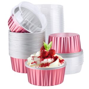 eusoar foil cupcake liners, 50pcs 5oz 125ml ramekins, aluminum foil muffin liners cups with lids, cupcake holder, disposable aluminum foil cupcake baking cups holders cases boxes pans with lids