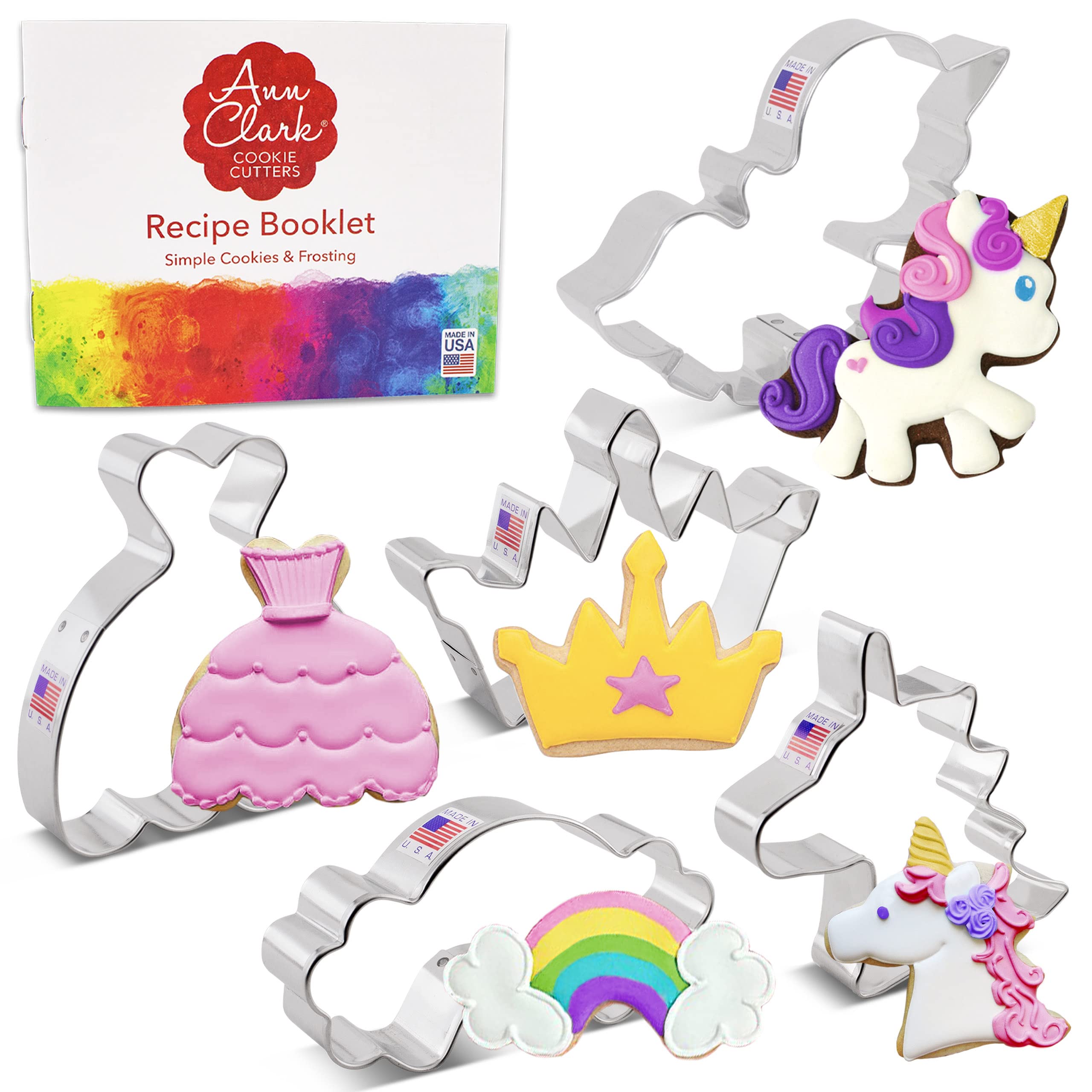 Princess Cookie Cutters 5-Pc. Set Made in USA by Ann Clark, Crown, Dress, Unicorn, Unicorn Head, Rainbow