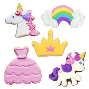 Princess Cookie Cutters 5-Pc. Set Made in USA by Ann Clark, Crown, Dress, Unicorn, Unicorn Head, Rainbow