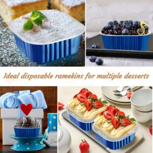 50 Pcs Aluminum Foil Baking Cups with Lids 10 oz Square Baking Cups Disposable Ramekins with Lids for Flans Snacks Pudding Pan Tin Wedding Catering Party Favor (Royal Blue)