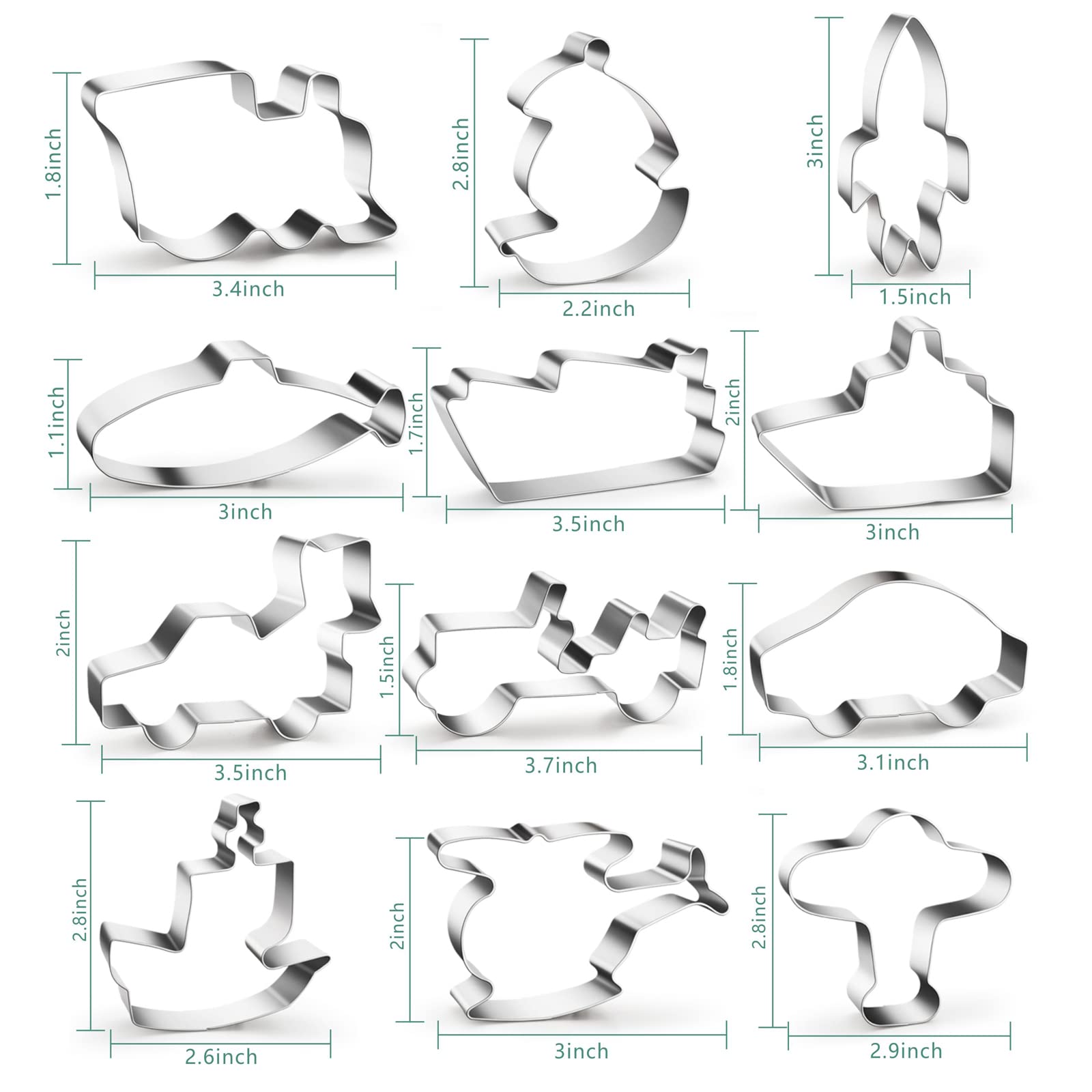 Transportation Vehicle Cookie Cutter Set - 12PCS Stainless Steel Biscuit Cutter Molds - Car, Plane, Train, Sailing boat, Steamship, Rocket Shaped Cookie Candy Cutters, DIY Fruit Bread Cutter for Kids