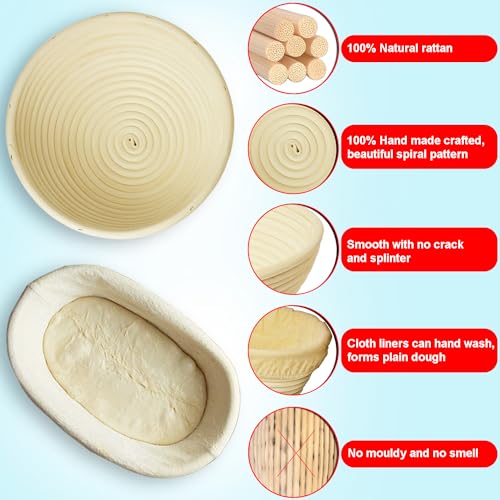 TNTECO Banneton Bread Proofing Basket Set of 2, 9 Inch Round & 10 Inch Oval Rattan Sourdough Proofing Basket with 5 Bread Lame, Scoring Lame, Scraper, Dough Whisk, Cloth Liner