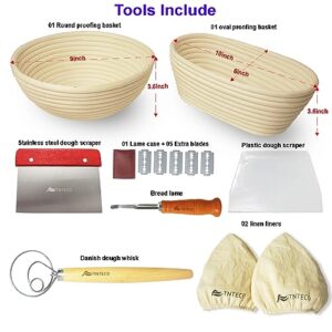 TNTECO Banneton Bread Proofing Basket Set of 2, 9 Inch Round & 10 Inch Oval Rattan Sourdough Proofing Basket with 5 Bread Lame, Scoring Lame, Scraper, Dough Whisk, Cloth Liner