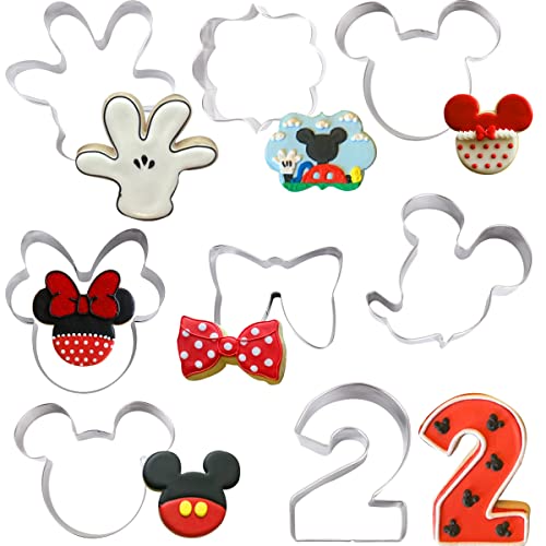 Cartoon Mouse Cookie Cutters, 8 Pack Baking Molds Stainless Steel Biscuit Sandwich Cake Cutter Set for 2nd Birthday Party Supplies Favors