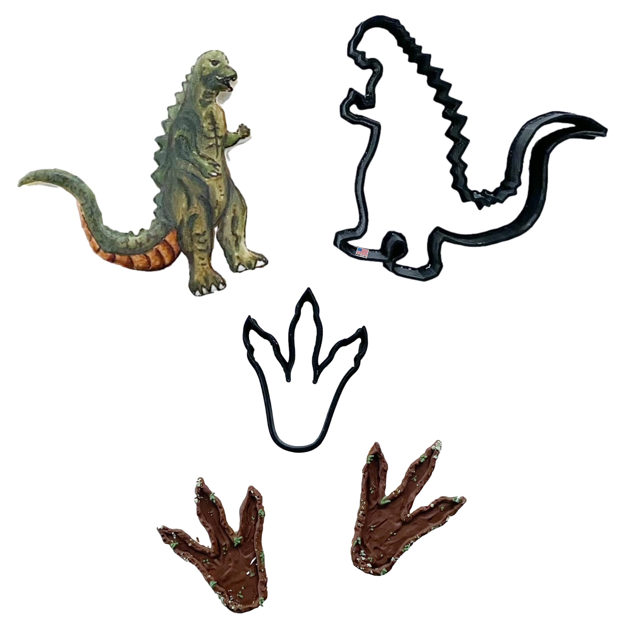 DINOSAUR COOKIE CUTTERS Giant Reptile Godzilla Monster Movie Character And Dinosaur Footprint Cookie Cutters Made in The USA (2 Pack)