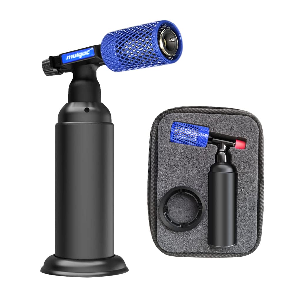 Molgoc Butane Torch with Anti-scalding Device,Stainless Steel Protective Cover,Refillable Kitchen Torch Lighter,Adjustable Flame Guard. (Butane Gas Not Included,Blue)