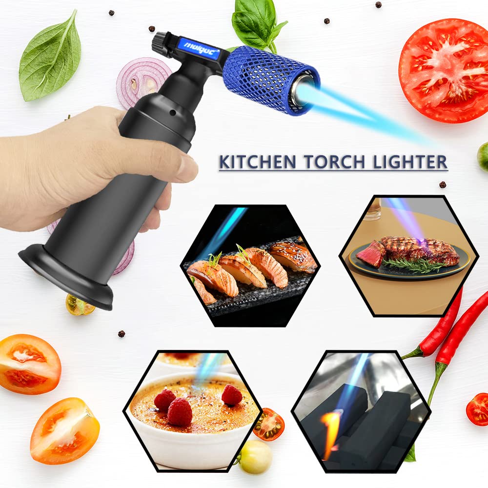 Molgoc Butane Torch with Anti-scalding Device,Stainless Steel Protective Cover,Refillable Kitchen Torch Lighter,Adjustable Flame Guard. (Butane Gas Not Included,Blue)