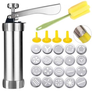 spritz cookie press gun kit, stainless steel biscuit press cookie gun set with 20 cookie discs and 4 nozzles for diy biscuit maker and churro maker