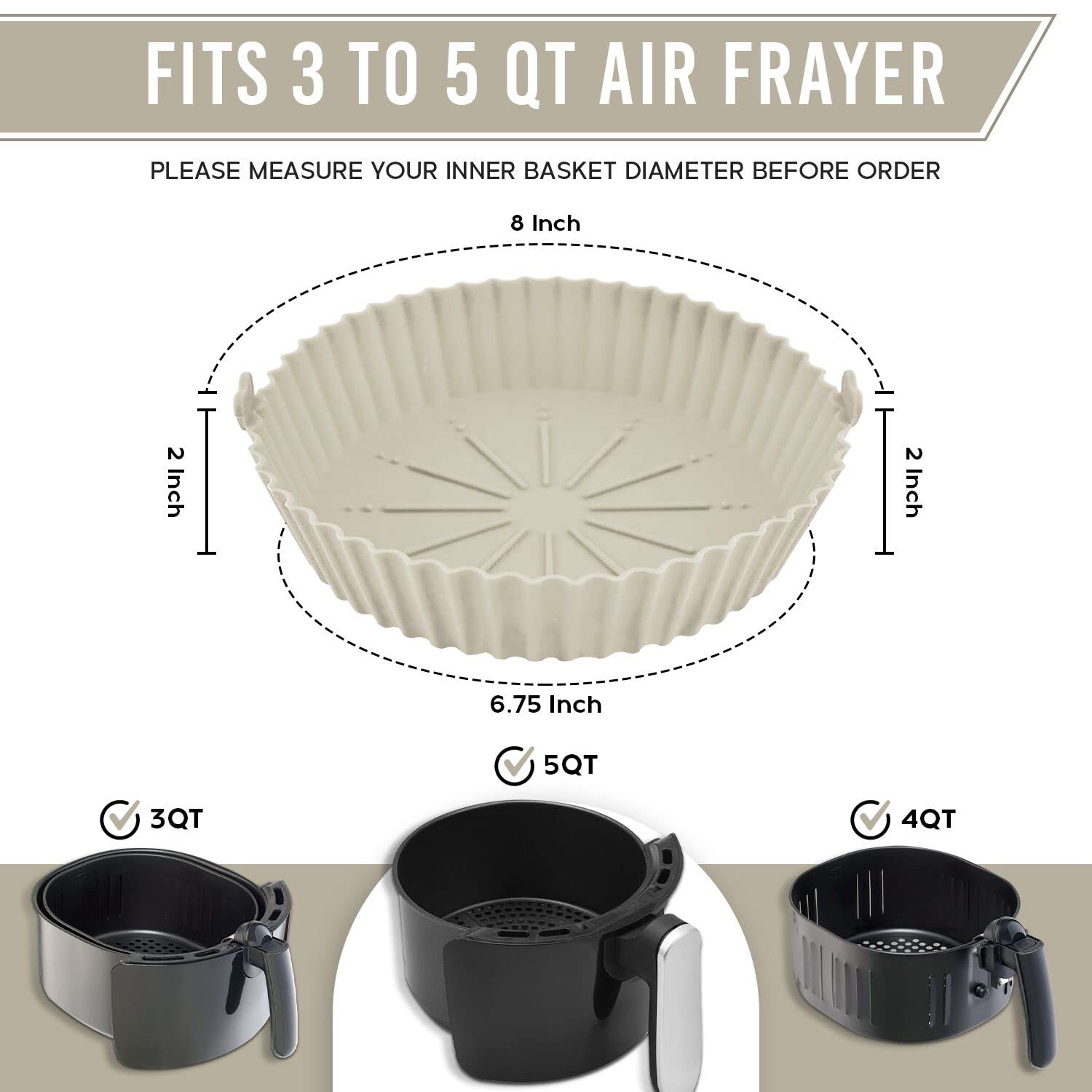 2-Piece Set of Silicone Air Fryer Liners for 5 to 8 QT Baskets - Non-Stick Oven Accessories | Reusable, Heat Resistant, and Food Safe Alternative to Parchment Paper | Large 7.9 inch - White