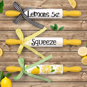 3pcs lemon mini rolling pins wood tiered tray decor sign rustic black yellow green buffalo plaid squeeze fresh lemonade summer farmhouse lemon kitchen home decor for tray, shelf, centerpiece