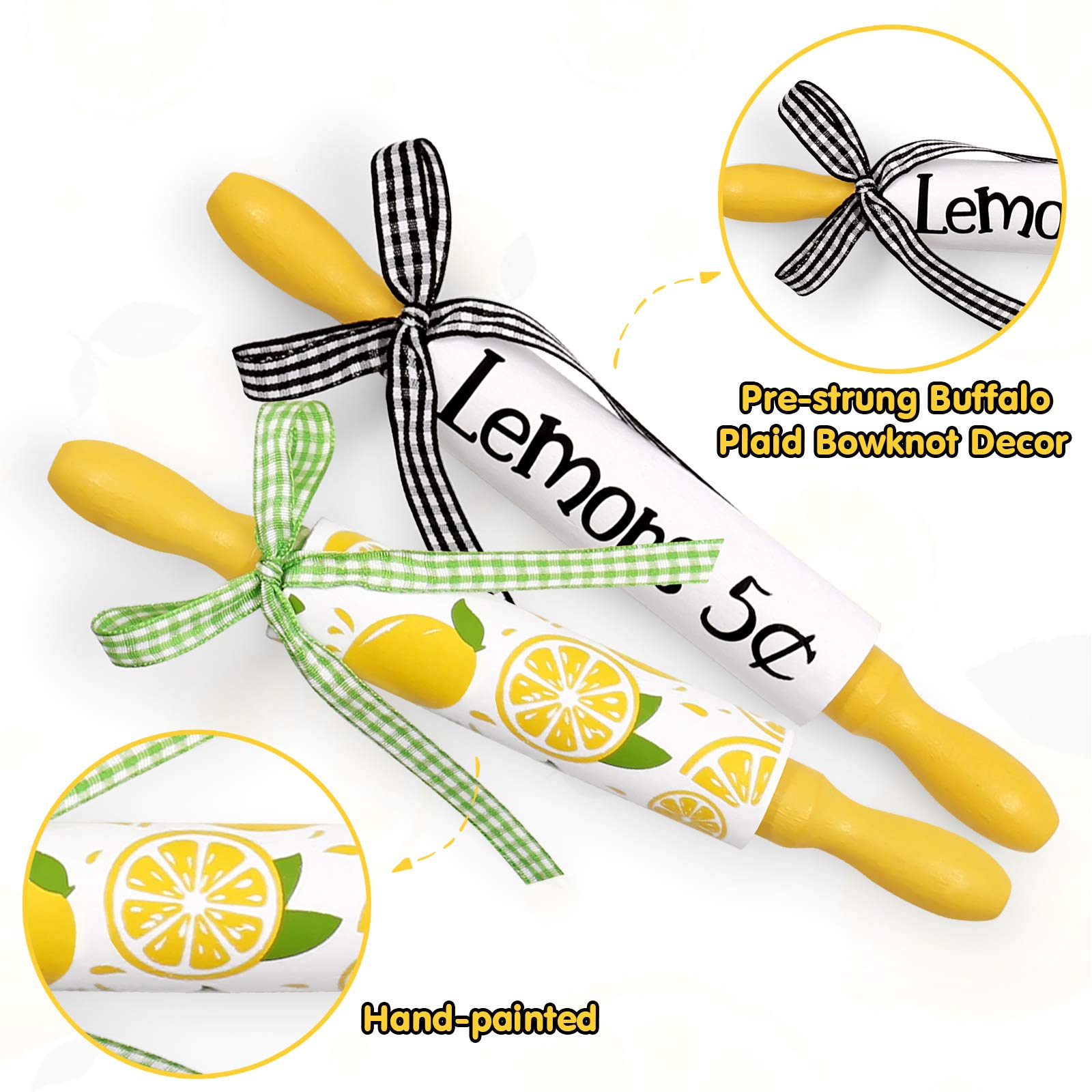 3pcs Lemon Mini Rolling Pins Wood Tiered Tray Decor Sign Rustic Black Yellow Green Buffalo Plaid Squeeze Fresh Lemonade Summer Farmhouse Lemon Kitchen Home Decor for Tray, Shelf, Centerpiece