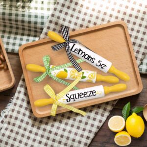 3pcs Lemon Mini Rolling Pins Wood Tiered Tray Decor Sign Rustic Black Yellow Green Buffalo Plaid Squeeze Fresh Lemonade Summer Farmhouse Lemon Kitchen Home Decor for Tray, Shelf, Centerpiece