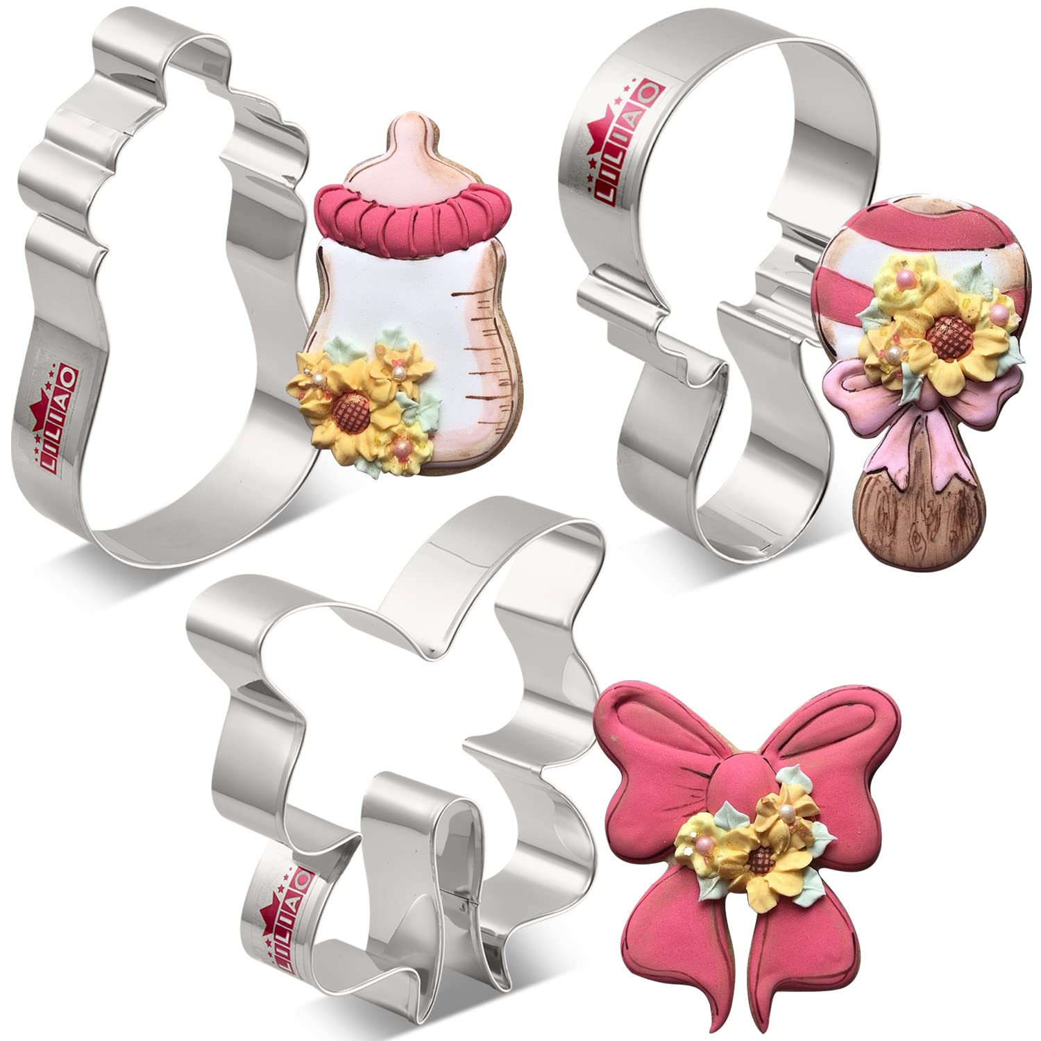 LILIAO Baby Shower Cookie Cutter Set - 3 Piece - Bottle, Rattle and Bow/Ribbon Biscuit Fondant Cutters - Stainless Steel