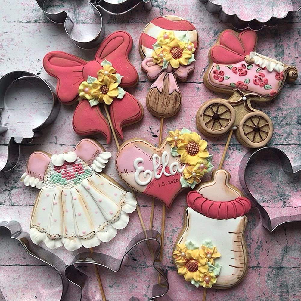 LILIAO Baby Shower Cookie Cutter Set - 3 Piece - Bottle, Rattle and Bow/Ribbon Biscuit Fondant Cutters - Stainless Steel