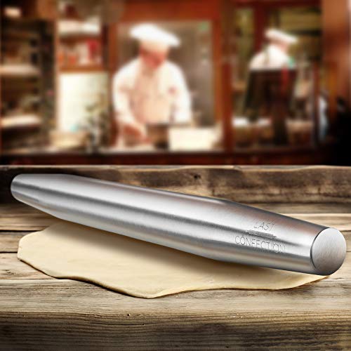 Last Confection 16" Stainless Steel French Rolling Pin - Tapered Design for Pasta, Baking Cookies, Pastries and Pizza Dough