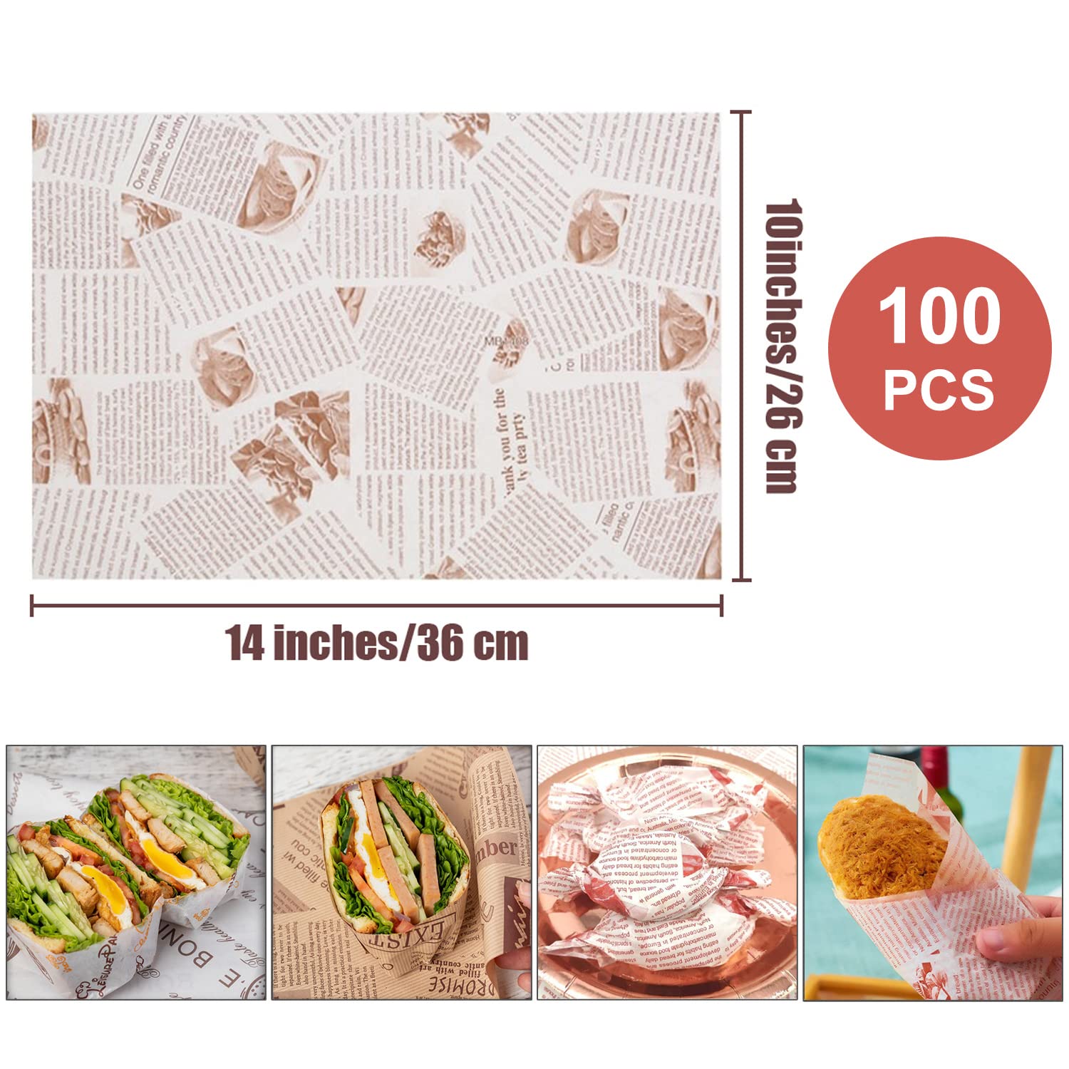 La Llareta Greaseproof Paper, 100 Sheets Baking Wrapping Paper, Food Basket Liners Paper, Deli Paper for Cakes, Breads, French Fries, Sandwiches, Pizza, Burgers, Hot Dogs(14 * 10 inch)