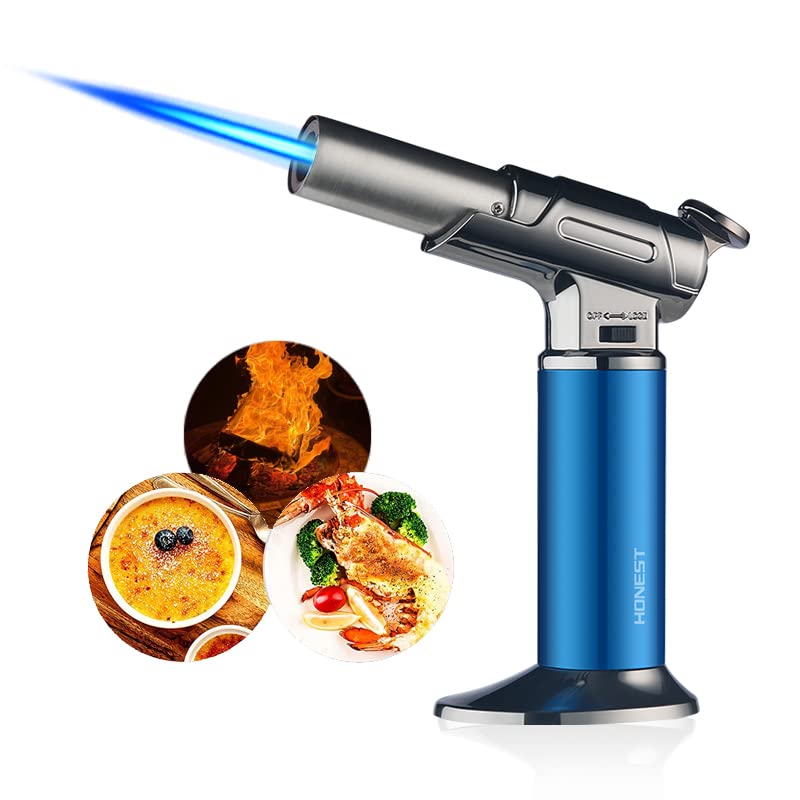 Butane Torch Refillable Kitchen Torch Lighter with Flame Lock lighter for cocktail smoker，toast, marshmallows, Creme Brulee, BBQ, and hookah coals(Blue A)