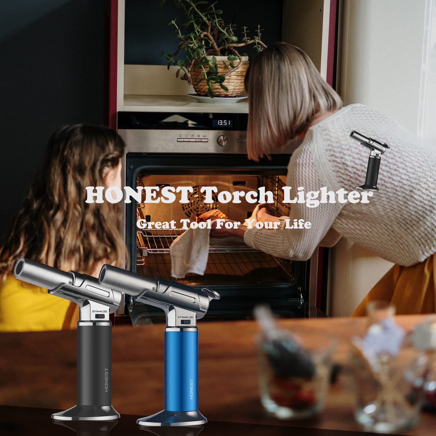 Butane Torch Refillable Kitchen Torch Lighter with Flame Lock lighter for cocktail smoker，toast, marshmallows, Creme Brulee, BBQ, and hookah coals(Blue A)