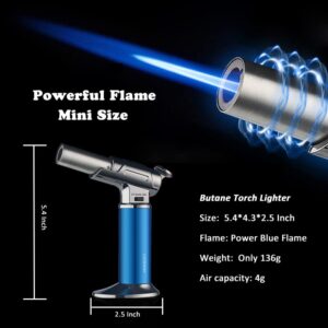 Butane Torch Refillable Kitchen Torch Lighter with Flame Lock lighter for cocktail smoker，toast, marshmallows, Creme Brulee, BBQ, and hookah coals(Blue A)