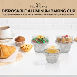 KitchenDance Disposable Aluminum Baking Cake Cup with Dome Lid - 7 Ounces Round Dessert Cups for Cakes, Muffin Cups - Aluminum Foil Baking Cup Perfect for Baking, Preparing Food, 1210P, 50 Count