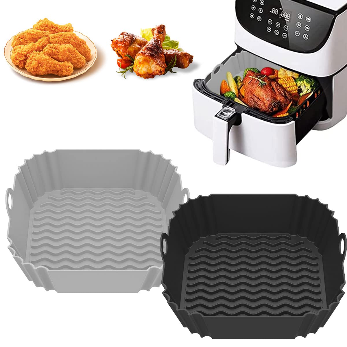 Square Air Fryer Silicone Liners 8 inch for 4 to 8 QT, 2Pcs Reusable Air Fryer Basket Pot Replacement Of Parchment Paper Liners Air Fryer Accessories Liners for Air Fryer Oven Microwave(Gray+Black)