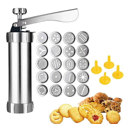 Stainless Steel Cookie Press Machine,Featuring 20 Decorative Stencil Discs and 4 Icing Tips,Deluxe spritz Cookie Press Gun,Cookie Maker,for DIY Biscuit Maker,Baking Decoration Supplies