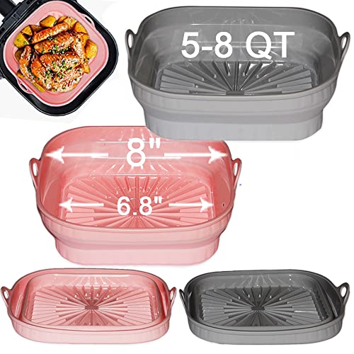 2Pcs Air Fryer Silicone Pot 8 Inch, Air Fryer Silicone Liners Square Foldable,Non Stick Food-Grade Air Fryer Tray,Air Fryer Replacement Basket,Air Fryer Accessories Reusable Pink Grey