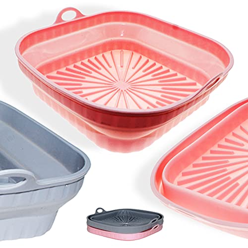 2Pcs Air Fryer Silicone Pot 8 Inch, Air Fryer Silicone Liners Square Foldable,Non Stick Food-Grade Air Fryer Tray,Air Fryer Replacement Basket,Air Fryer Accessories Reusable Pink Grey