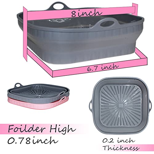 2Pcs Air Fryer Silicone Pot 8 Inch, Air Fryer Silicone Liners Square Foldable,Non Stick Food-Grade Air Fryer Tray,Air Fryer Replacement Basket,Air Fryer Accessories Reusable Pink Grey