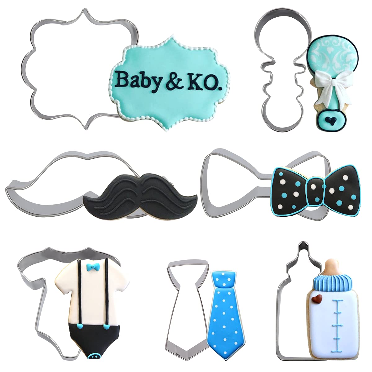 Little Man Themed Cookie Cutter Set Stainless Steel Mustache Bow Tie Neck Onesie Rattle Baby Bottle Photo Plaques Dough Fondant Biscuit Molds for Baby Shower