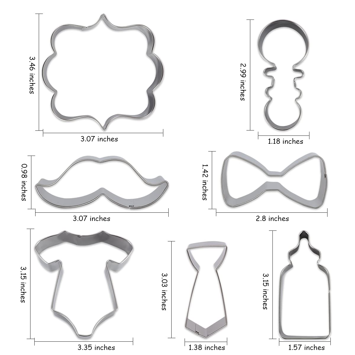 Little Man Themed Cookie Cutter Set Stainless Steel Mustache Bow Tie Neck Onesie Rattle Baby Bottle Photo Plaques Dough Fondant Biscuit Molds for Baby Shower