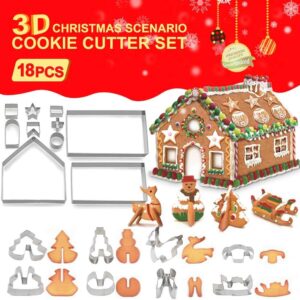 18pcs 3D Creative Christmas Cookie Cutters Set Gingerbread House Chocolate House Cutter Kit Biscuit Cake Bakeware Santa Elk Festival Xmas DIY 3D Type Cracker Cookie Mold