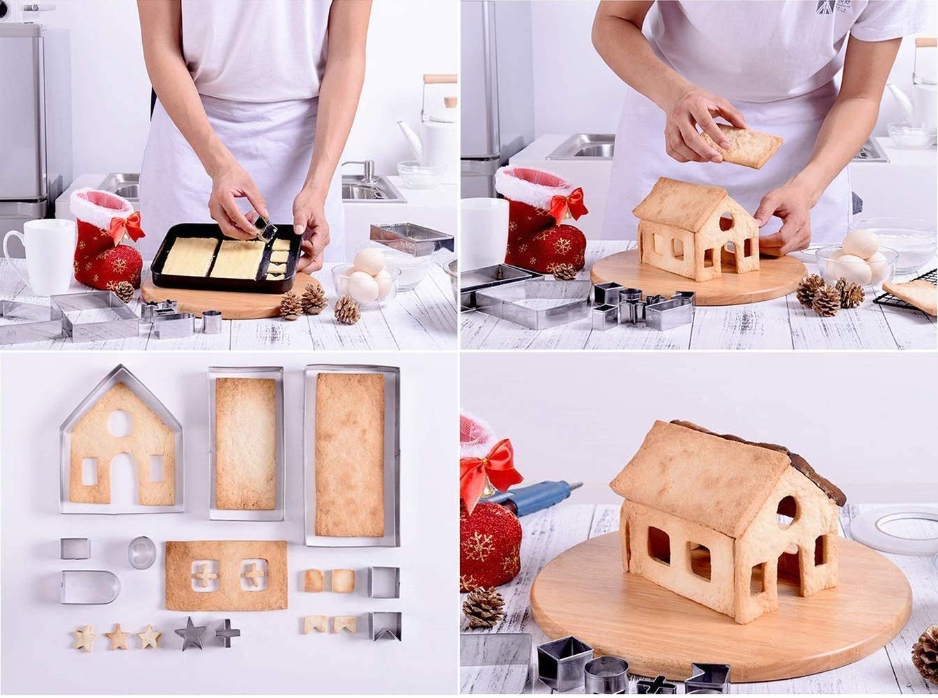 18pcs 3D Creative Christmas Cookie Cutters Set Gingerbread House Chocolate House Cutter Kit Biscuit Cake Bakeware Santa Elk Festival Xmas DIY 3D Type Cracker Cookie Mold