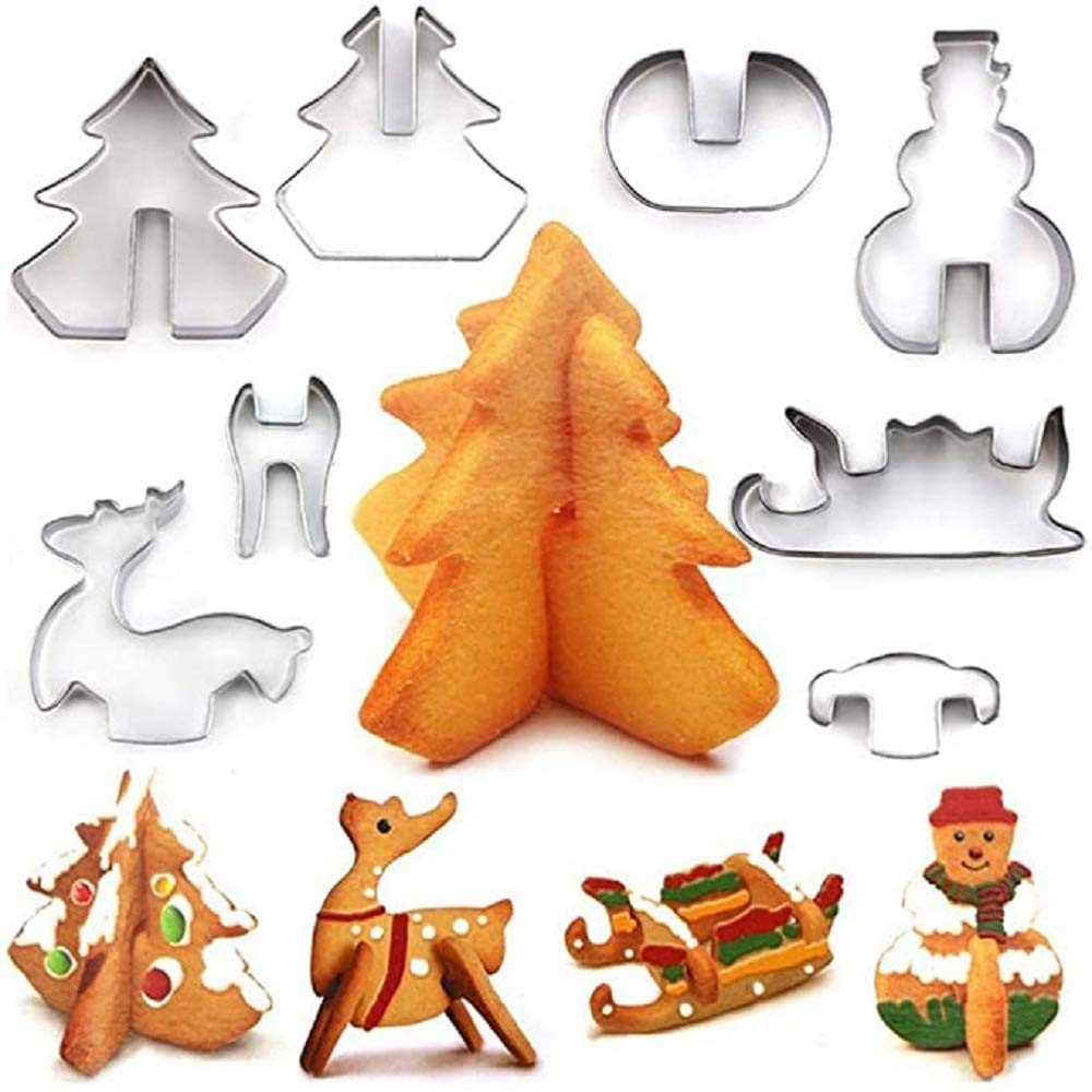 18pcs 3D Creative Christmas Cookie Cutters Set Gingerbread House Chocolate House Cutter Kit Biscuit Cake Bakeware Santa Elk Festival Xmas DIY 3D Type Cracker Cookie Mold