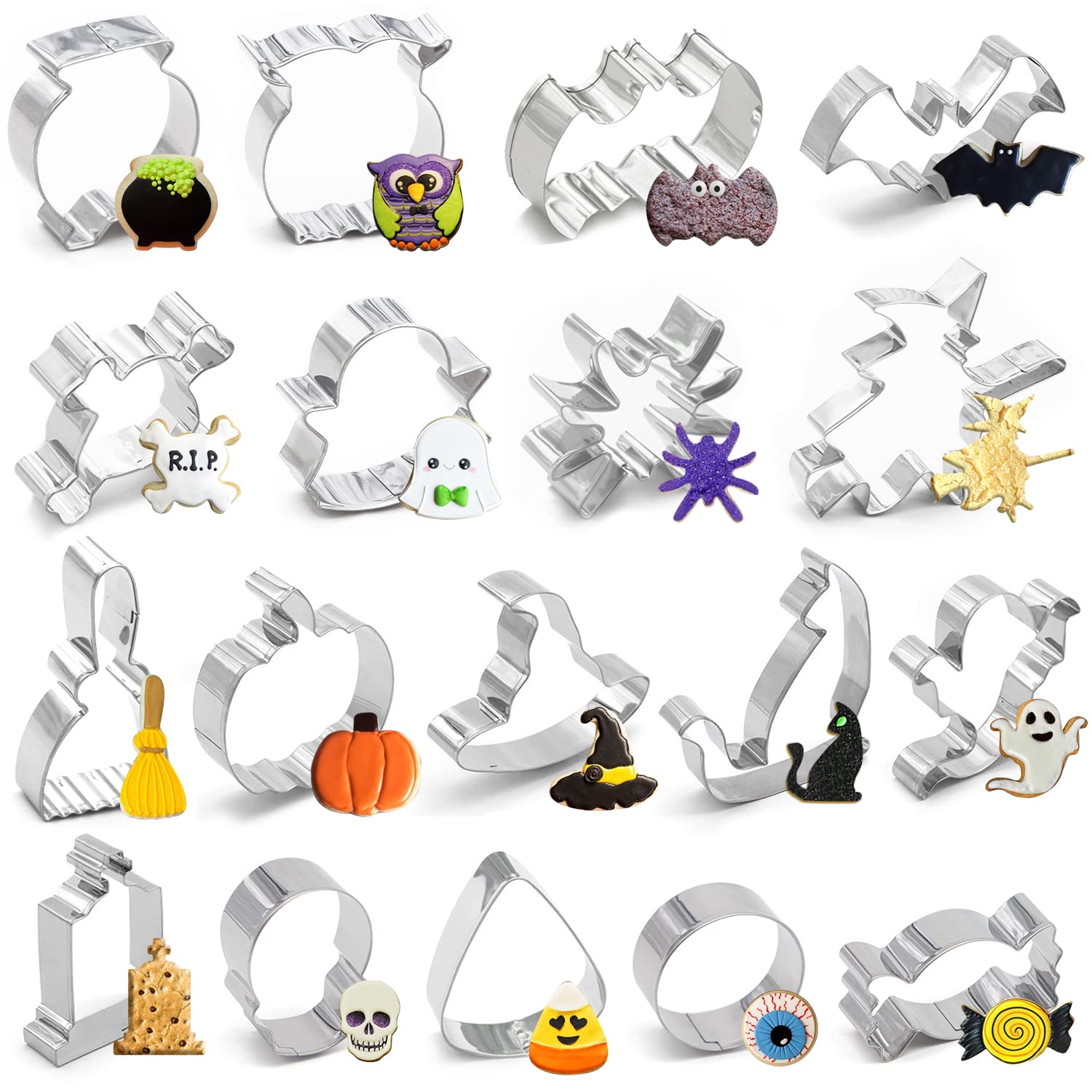 18PCS Halloween Cookie Cutters - Pumpkin,Witch,Bat,Ghost,Cat,Tombstone,Spider, Skull,Candy Corn, Owl,Hat,Cauldron,Broom Party Supplies