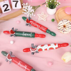 Whaline 4pcs Watermelon Mini Rolling Pins Red Green Watermelon Tiered Tray Decor with Bow Summer Home Kitchen Wooden Farmhouse Watermelon Decoration Table Centerpiece for Shelf Mantelpiece