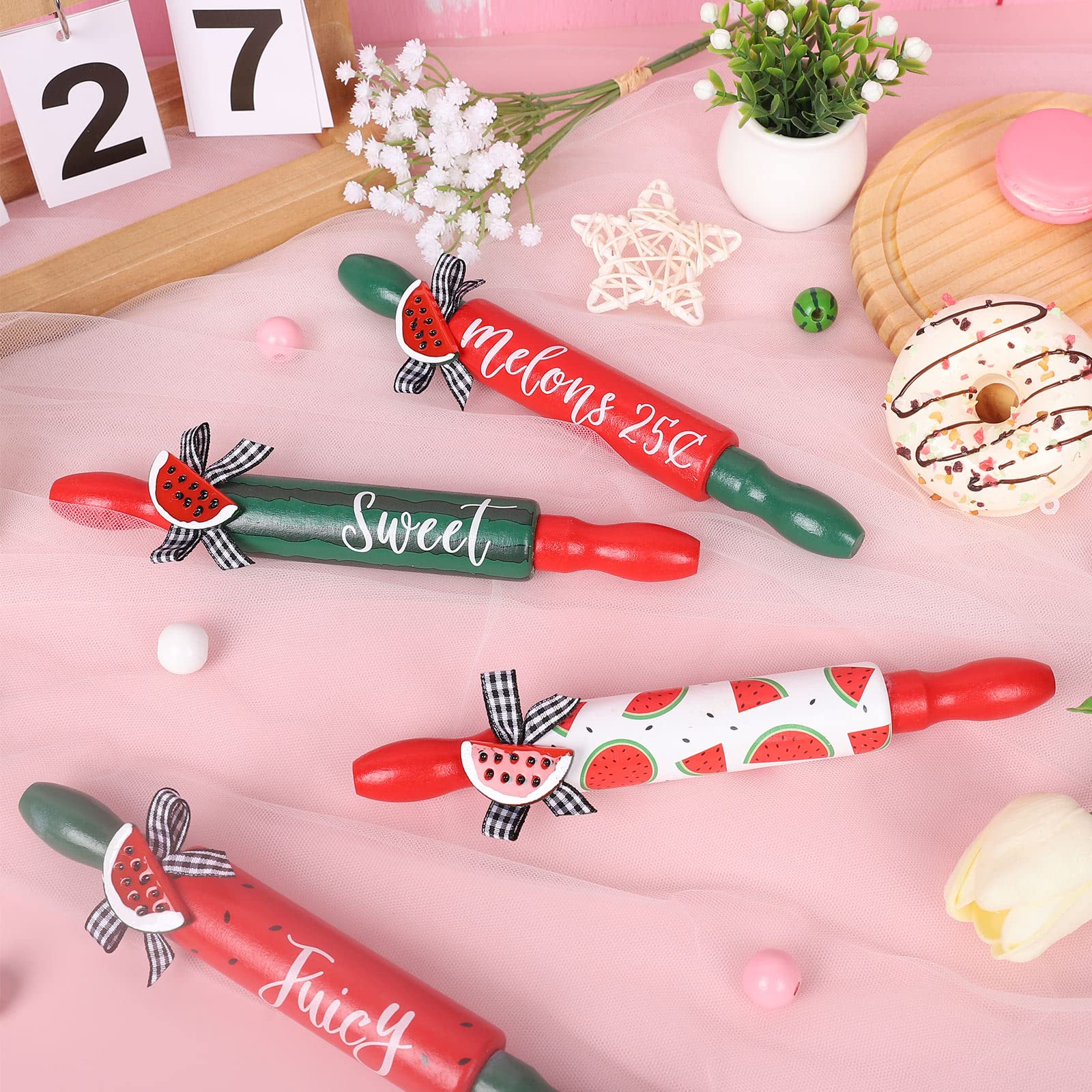 Whaline 4pcs Watermelon Mini Rolling Pins Red Green Watermelon Tiered Tray Decor with Bow Summer Home Kitchen Wooden Farmhouse Watermelon Decoration Table Centerpiece for Shelf Mantelpiece