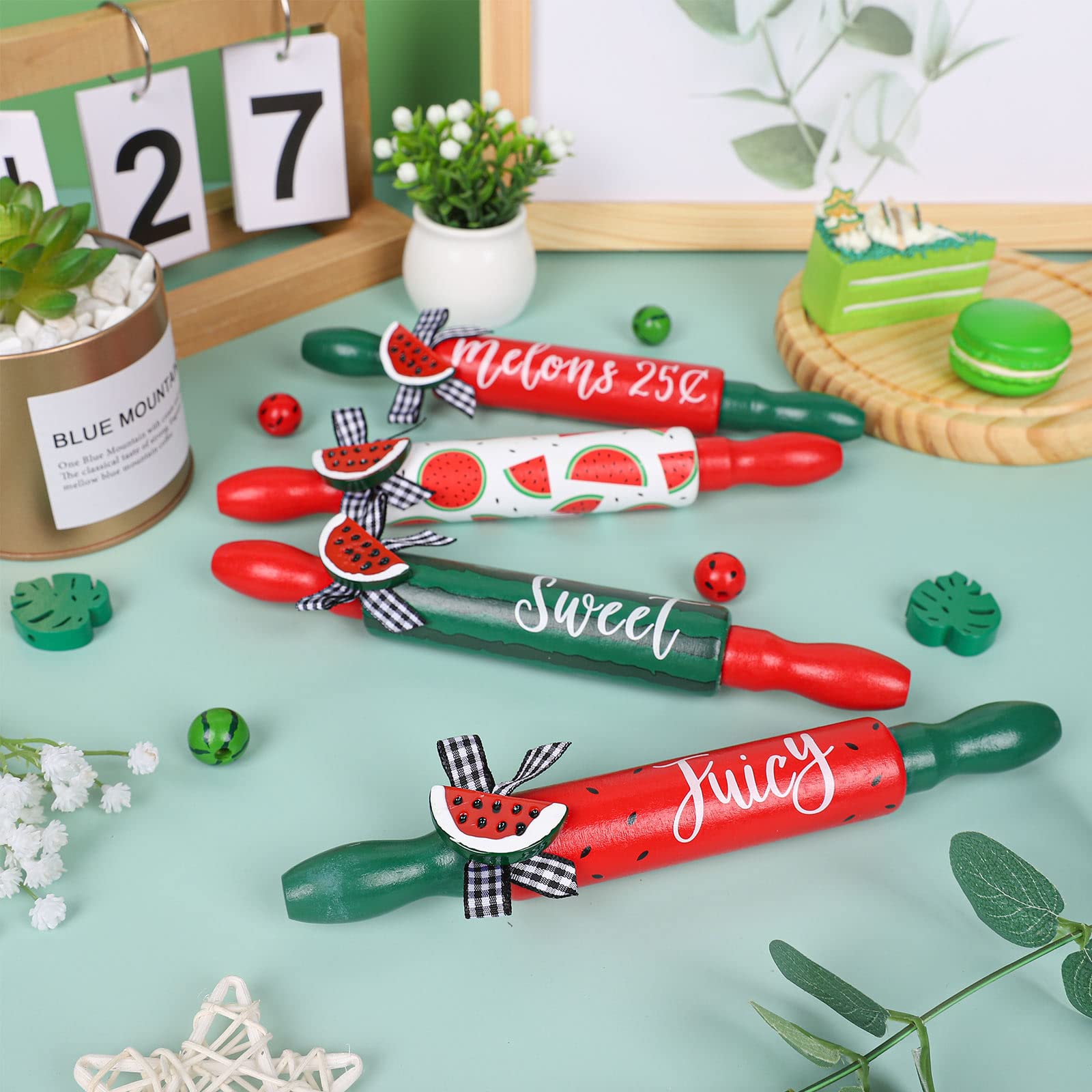 Whaline 4pcs Watermelon Mini Rolling Pins Red Green Watermelon Tiered Tray Decor with Bow Summer Home Kitchen Wooden Farmhouse Watermelon Decoration Table Centerpiece for Shelf Mantelpiece