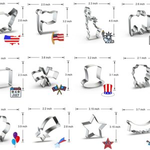 4th of July Cookie Cutter Set 12-Piece Top Hat, Flag, American Eagle, Statue of Libergy, USA Map, Shooting Star, Banner, Star, Badge, Balloon, Calendar Shaped Patriotic Independence Day Cookie Cutters