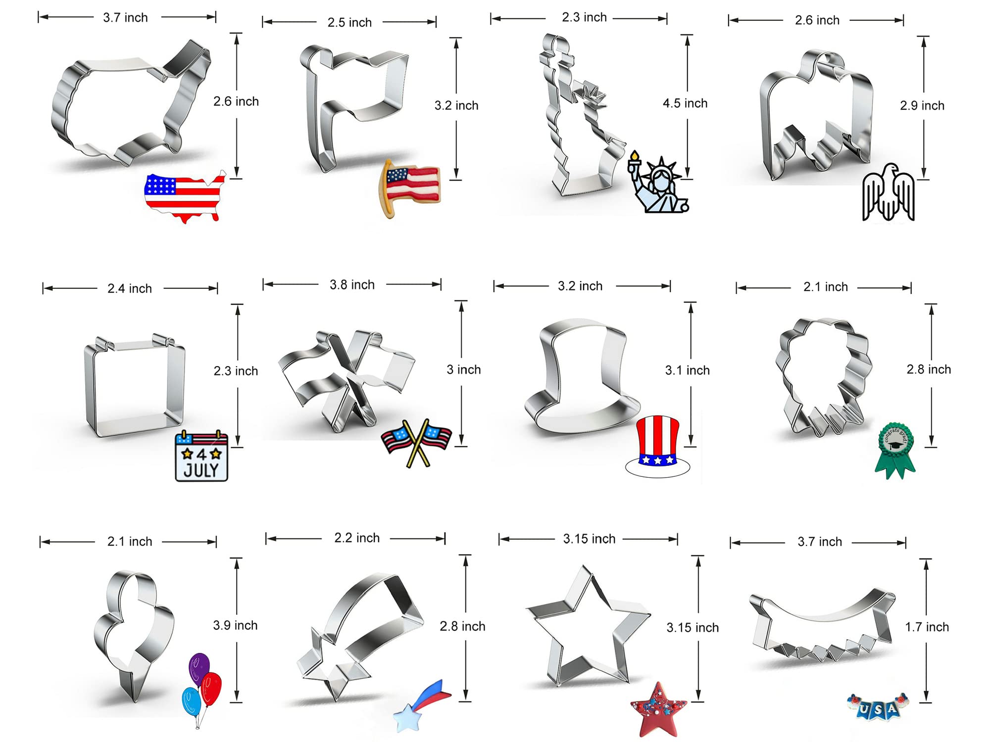 4th of July Cookie Cutter Set 12-Piece Top Hat, Flag, American Eagle, Statue of Libergy, USA Map, Shooting Star, Banner, Star, Badge, Balloon, Calendar Shaped Patriotic Independence Day Cookie Cutters