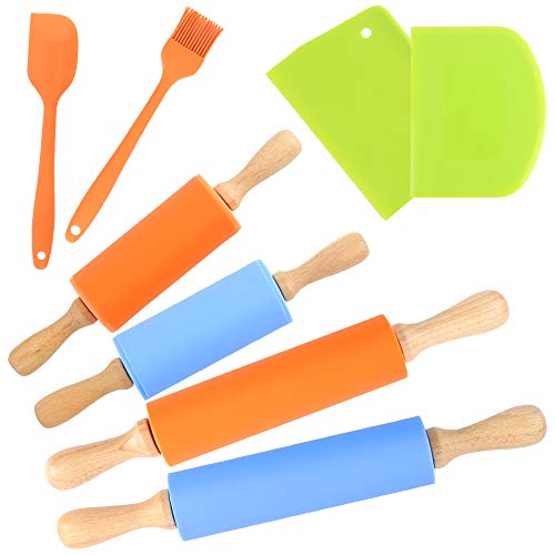 Koogel 8 Pcs Silicone Rolling Pins Set, 15 Inch Non-Stick 9 Inch Kids Rolling Pin Scraper Chopper Silicone Oil Brush Spatula for Parent-Child Baking