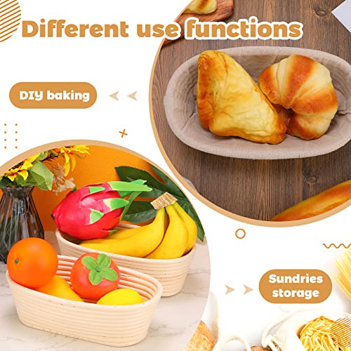 4 Pieces 10 Inch Bread Banneton Proofing Basket Oval Shape Bread Proofing Basket Rattan Oval Banneton Basket Dough Proofing Bowls with Liners and Scatters for Home Sourdough Bread Baking