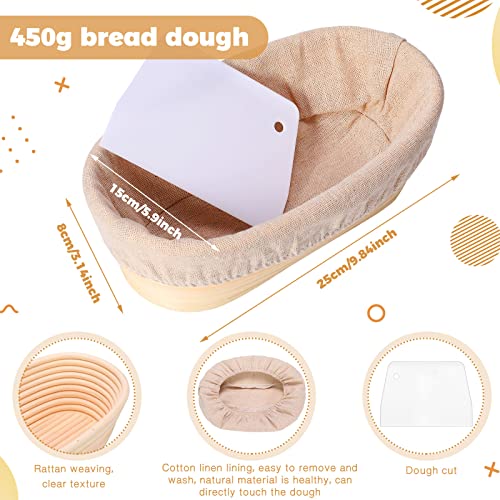 4 Pieces 10 Inch Bread Banneton Proofing Basket Oval Shape Bread Proofing Basket Rattan Oval Banneton Basket Dough Proofing Bowls with Liners and Scatters for Home Sourdough Bread Baking