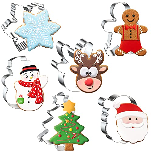 Christmas Cookie Cutters, 6 Pcs Holiday Cookie Cutters Christmas Shapes - Gingerbread Man, Snowflake, Snowman, Christmas Tree, Reindeer, Santa Face for Cookie Baking