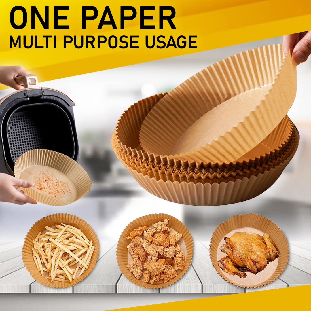 Glamshop Disposable Air Fryer Paper Liners - Round, Oil and Water Proof Parchment Sheets for Basket, Food Grade Brown Liner 100 PCS Non-stick, 7.9''